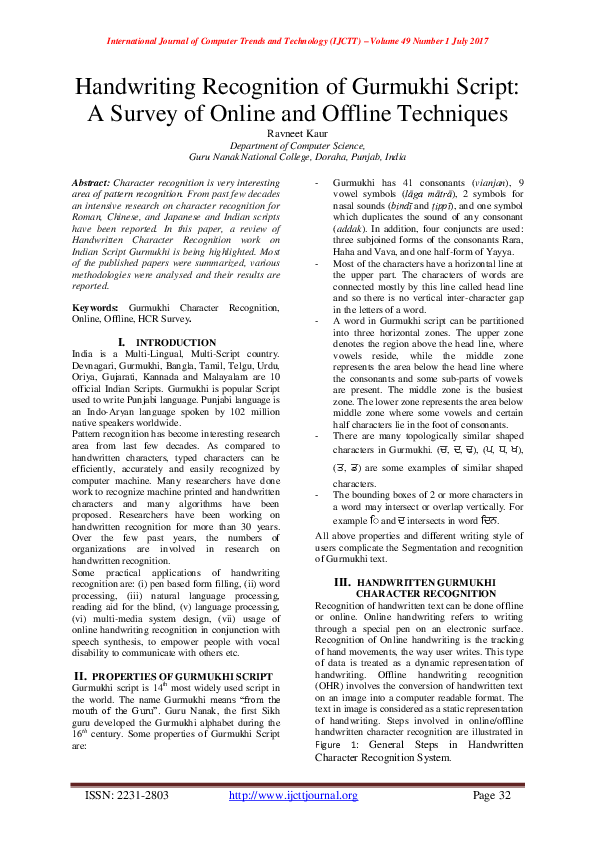 (PDF) Handwriting Recognition of Gurmukhi Script: A Survey of Online and Offline Techniques