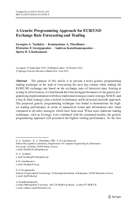 (PDF) A Genetic Programming Approach for EUR/USD Exchange Rate Forecasting and Trading