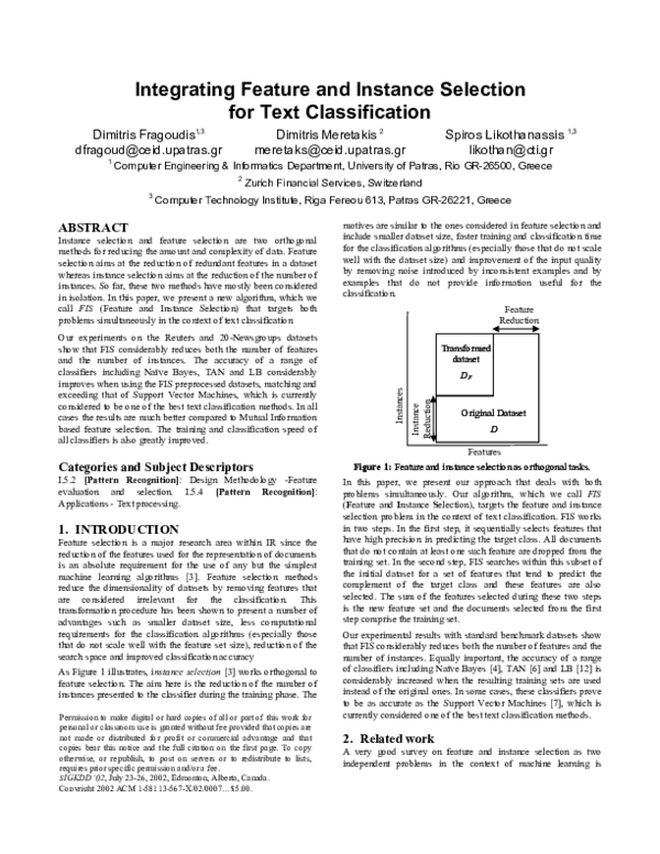 (PDF) Integrating feature and instance selection for text ... (PDF) Integrating feature and instance selection for text ...