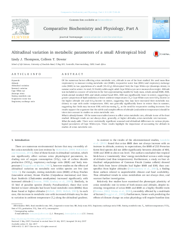 (PDF) Comparative Biochemistry and Physiology, Part A Altitudinal ...