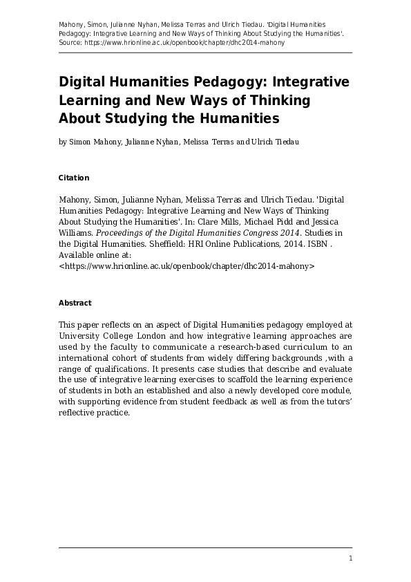 (PDF) Digital Humanities Pedagogy: Integrative Learning and New Ways of ...