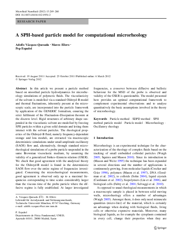Pdf A Sph Based Particle Model For Computational Microrheology