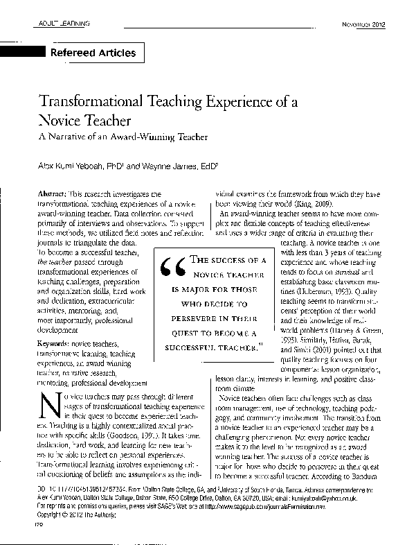 (PDF) Transformational Teaching Experience of a Novice Teacher A Narrative of an Award-Winning ...