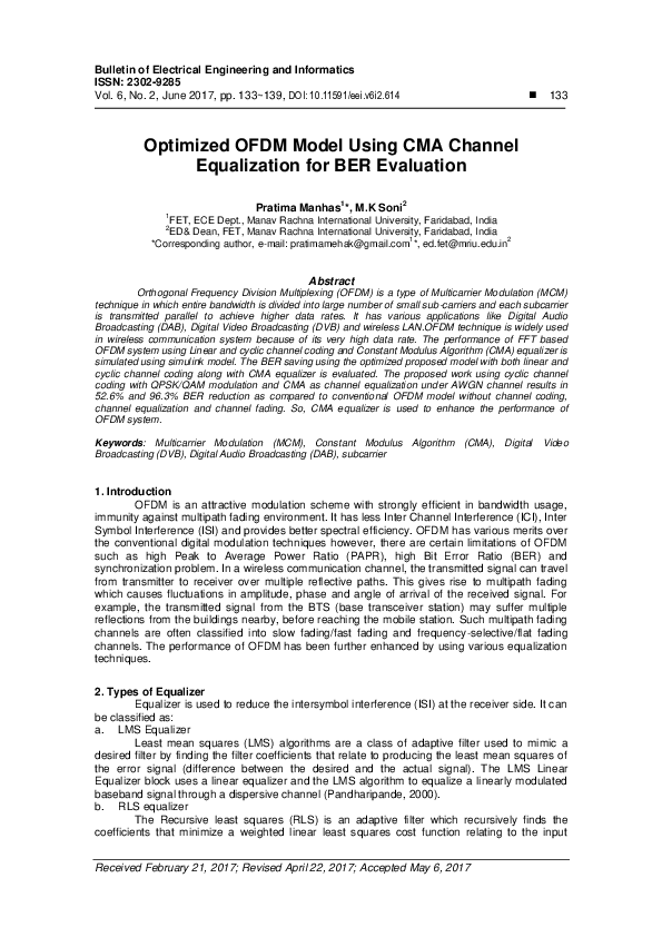 (PDF) Optimized OFDM Model Using CMA Channel Equalization for BER Evaluation