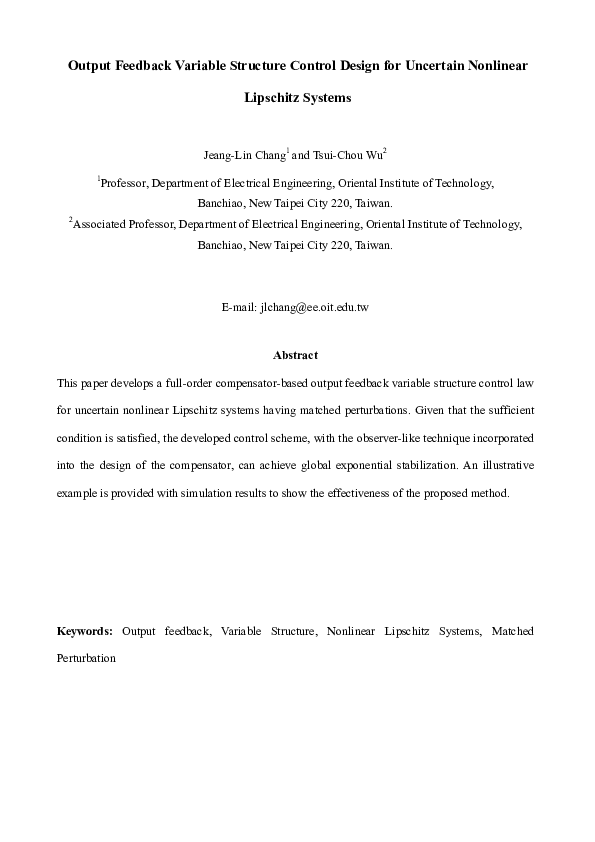 Pdf Output Feedback Variable Structure Control Design For Uncertain Nonlinear Lipschitz Systems