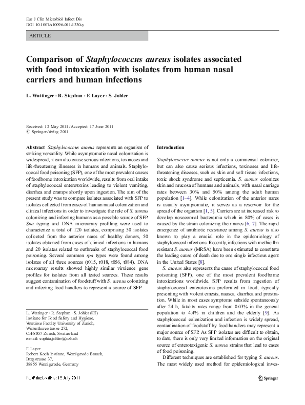 Pdf Comparison Of Staphylococcus Aureus Isolates Associated With Food Intoxication With