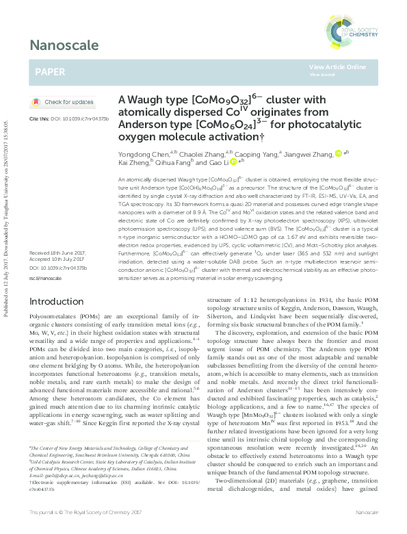 (PDF) A Waugh type [CoMo 9 O 32 ] 6− cluster with atomically dispersed ...