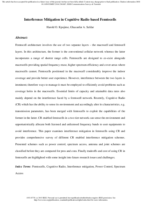 (PDF) Interference Mitigation in Cognitive Radio based Femtocells