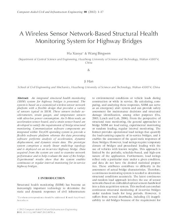 Pdf A Wireless Sensor Network Based Structural Health Monitoring System For Highway Bridges