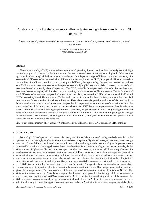 (PDF) Position control of a shape memory alloy actuator using a four-term bilinear PID controller