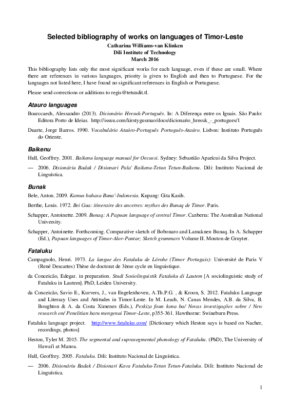 (PDF) Selected bibliography of works on languages of Timor-Leste