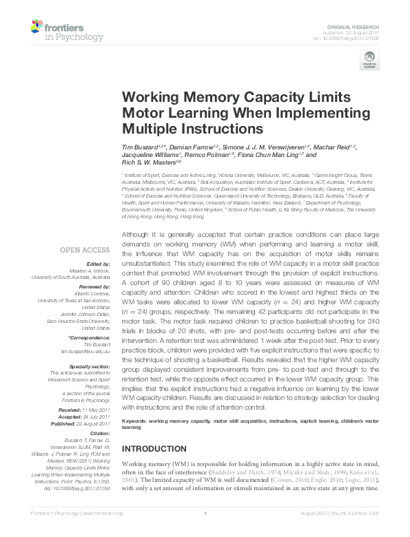 (PDF) Working Memory Capacity Limits Motor Learning When Implementing Multiple Instructions