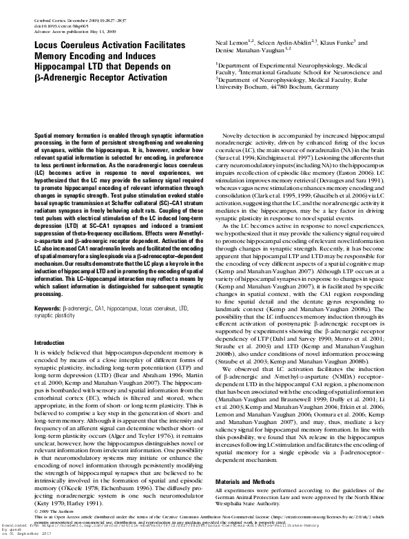 (PDF) Locus Coeruleus Activation Facilitates Memory Encoding and ...