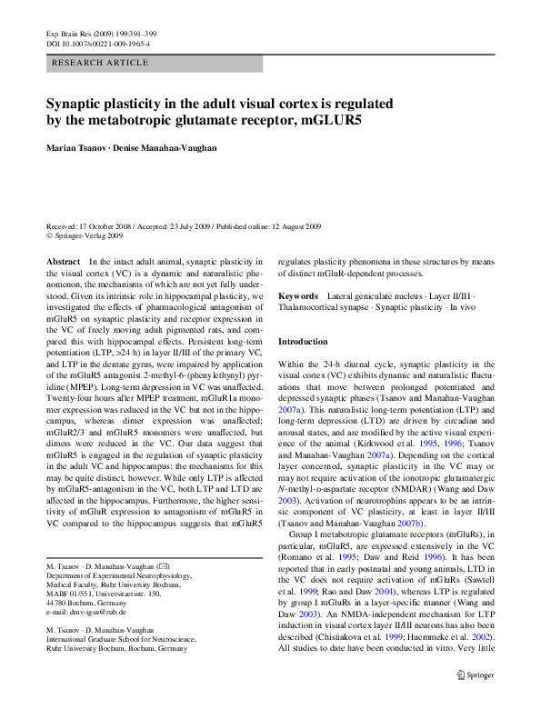 (PDF) Synaptic plasticity in the adult visual cortex is regulated by the metabotropic glutamate ...