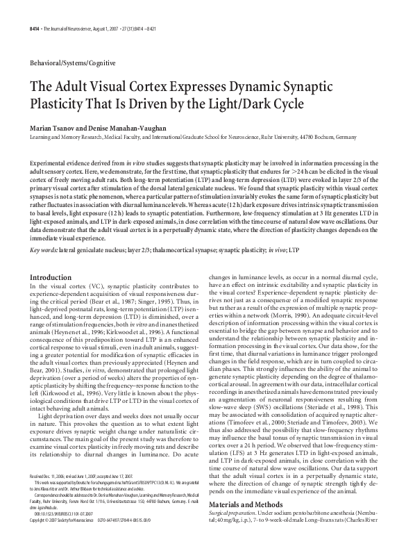 (PDF) The Adult Visual Cortex Expresses Dynamic Synaptic Plasticity That Is Driven by the Light ...