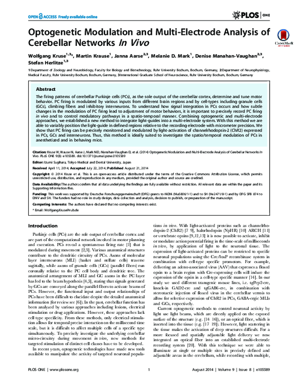 (PDF) Optogenetic Modulation and Multi-Electrode Analysis of Cerebellar Networks In Vivo