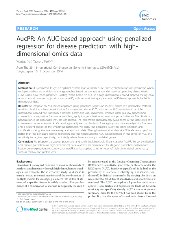 (PDF) AucPR: An AUC-based approach using penalized regression for disease prediction with high ...