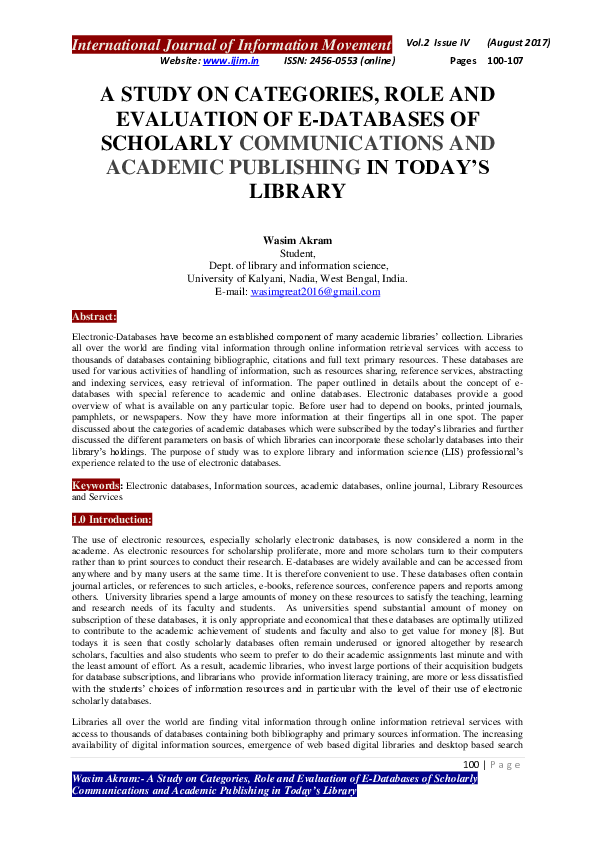 (PDF) A STUDY ON CATEGORIES, ROLE AND EVALUATION OF E-DATABASES OF ...