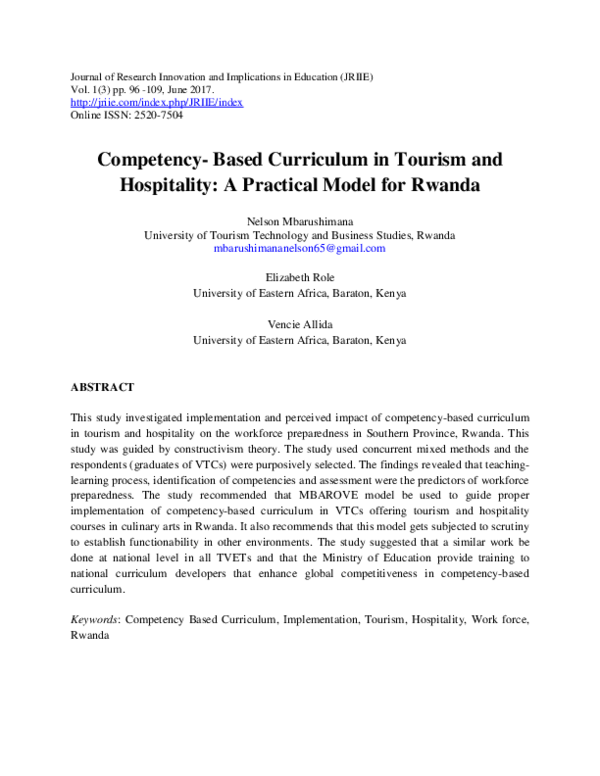 (PDF) Competency-Based Curriculum in Tourism and Hospitality: A ...