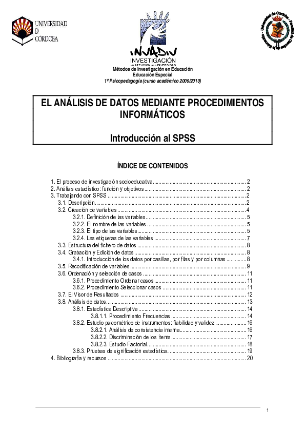 (PDF) EL ANÁLISIS DE DATOS MEDIANTE PROCEDIMIENTOS INFORMÁTICOS Introducción al SPSS ÍNDICE DE ...