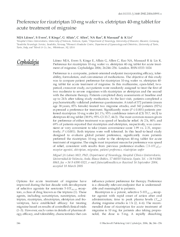 (PDF) Preference for rizatriptan 10-mg wafer vs. eletriptan 40-mg ...