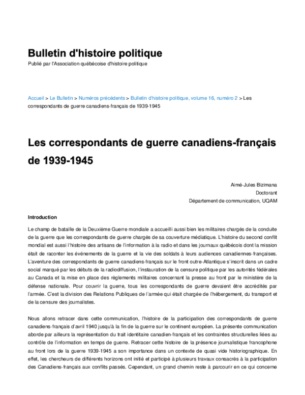 (PDF) Les correspondants de guerre canadiens-français de 1939-1945