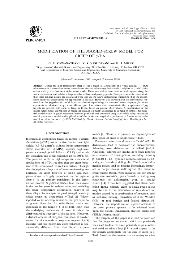 (PDF) Modification of the jogged-screw model for creep of γ-TiAl