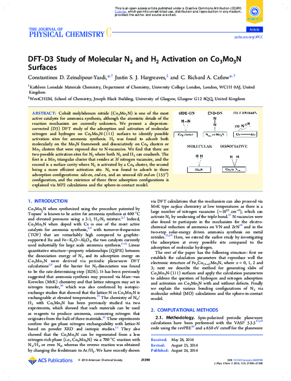 (PDF) DFT-D3 Study of Molecular N 2 and H 2 Activation on Co 3 Mo 3 N ...