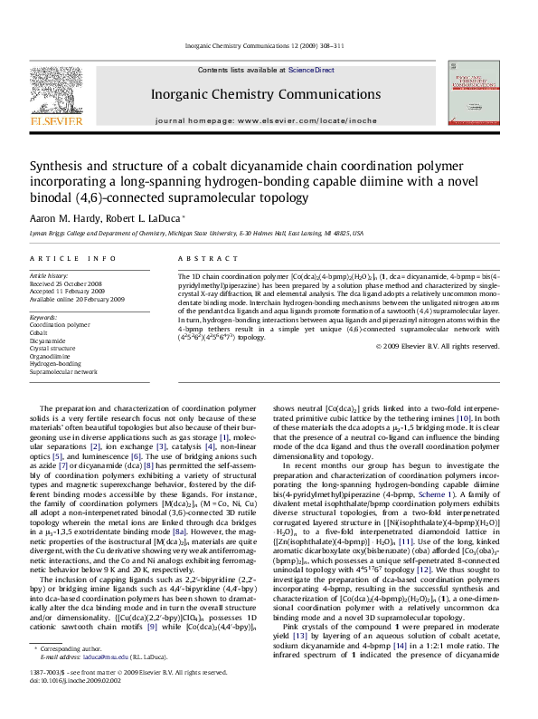 (PDF) Synthesis and structure of a cobalt dicyanamide chain coordination polymer incorporating a ...