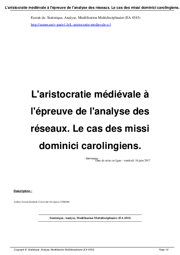 (PDF) “L’aristocratie médiévale à l’épreuve de l’analyse des réseaux. Le cas des missi dominici ...