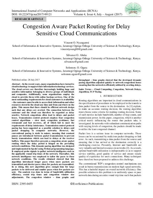 (PDF) Congestion Aware Packet Routing for Delay Sensitive Cloud Communications