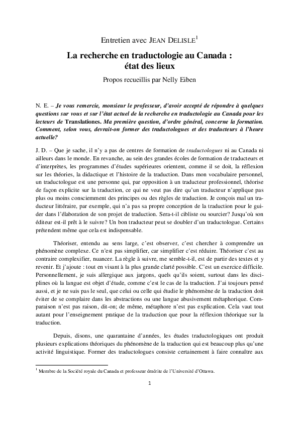 (PDF) Entretien avec Jean Delisle. La recherche en traductologie au ...