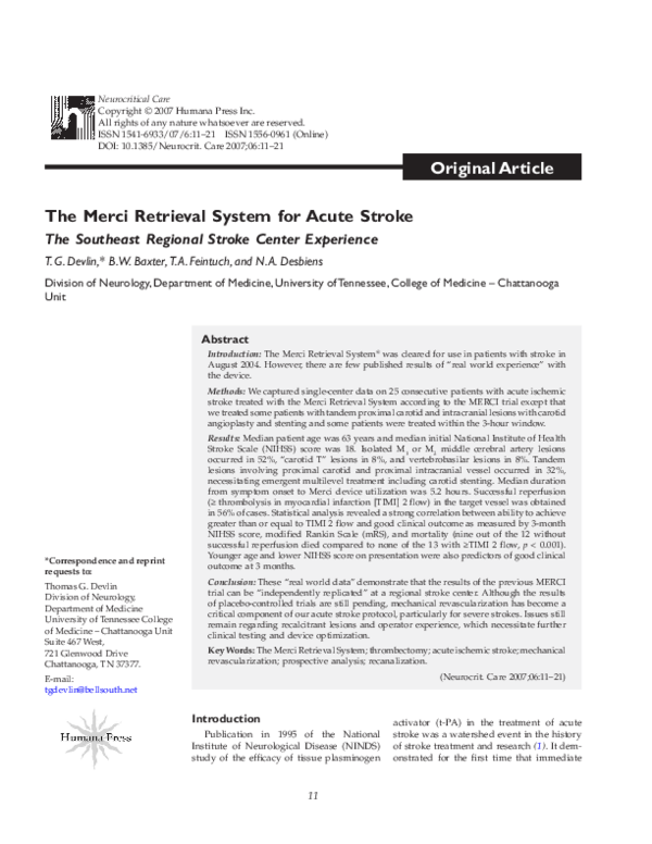 (PDF) The merci retrieval system for acute stroke