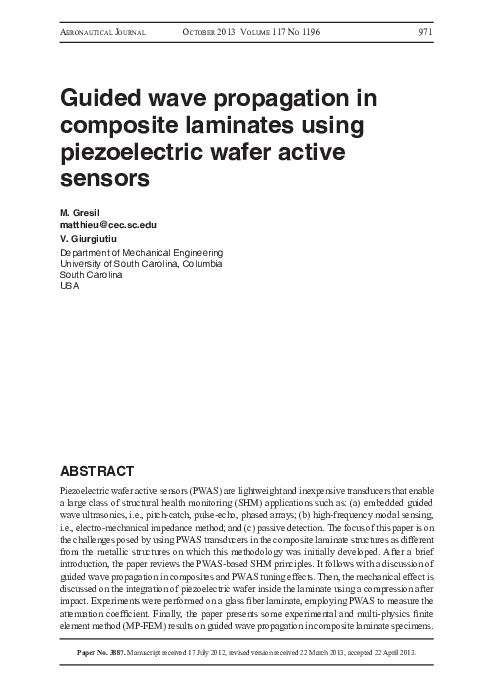 Pdf Guided Wave Propagation In Composite Laminates Using Piezoelectric Wafer Active Sensors