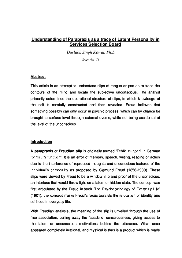 (DOC) Understanding of Parapraxis as a trace of Latent Personality in ...