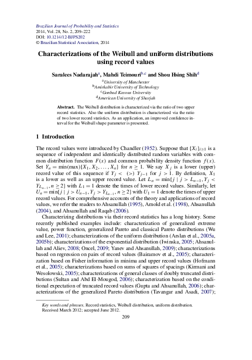 Pdf Characterizations Of The Weibull And Uniform Distributions Using Record Values