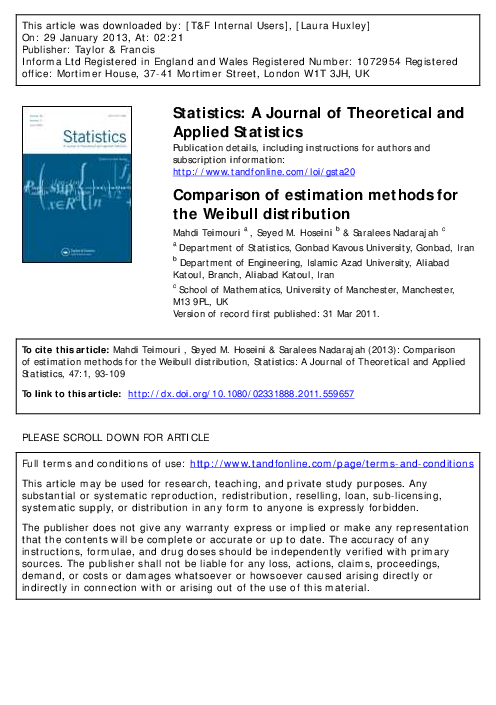 Pdf Comparison Of Estimation Methods For The Weibull Distribution