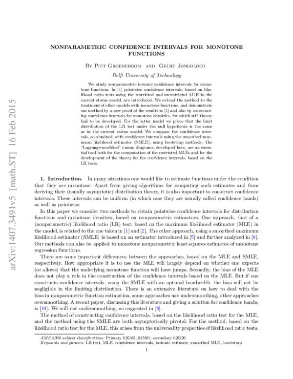 Pdf Nonparametric Confidence Intervals For Monotone Functions