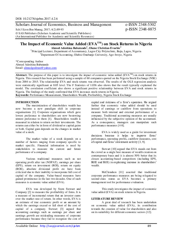 Pdf The Impact Of Economic Value Added Eva Tm On Stock Returns In Nigeria