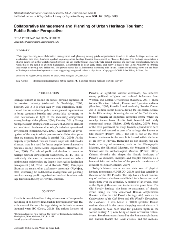 (PDF) Collaborative Management and Planning of Urban Heritage Tourism: Public Sector Perspective