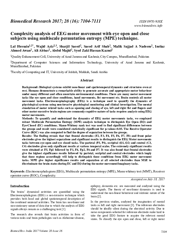 (PDF) Complexity analysis of EEG motor movement with eye open and close subjects using ...