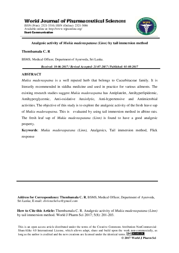 (PDF) Analgesic activity of Mukia maderaspatana (Linn) by tail ...