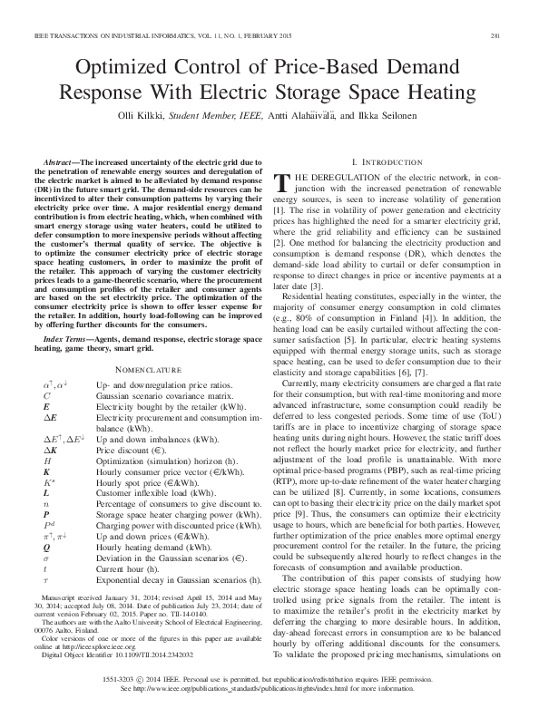 (PDF) Optimized Control of Price-Based Demand Response With Electric Storage Space Heating