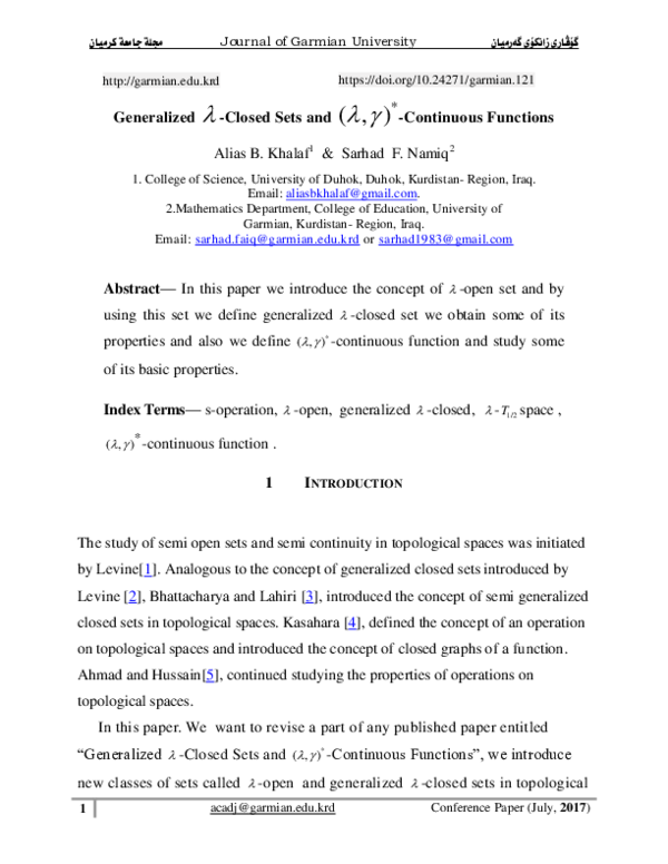 (PDF) Generalized λ-Closed Sets and 〖 (λ,γ) 〗 ^*-Continuous Functions