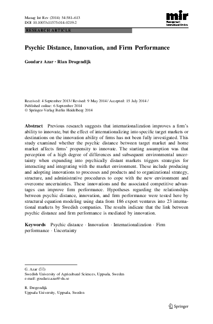(PDF) Psychic Distance, Innovation, and Firm Performance
