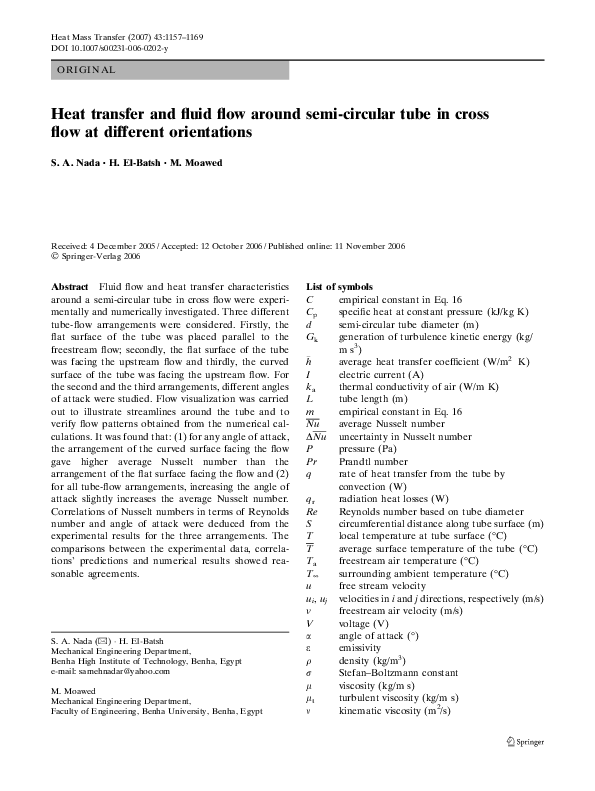 (PDF) Heat transfer and fluid flow around semi-circular tube in cross ...