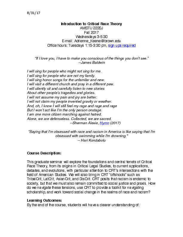 (PDF) Intro to CRT Syllabus Fall 2017