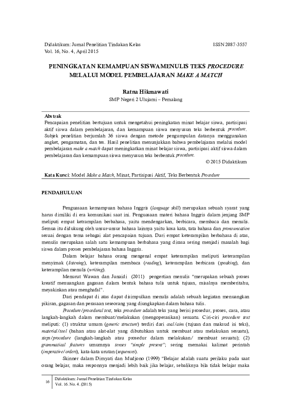 (PDF) PENINGKATAN KEMAMPUAN SISWAMENULIS TEKS PROCEDURE MELALUI MODEL PEMBELAJARAN MAKE A MATCH
