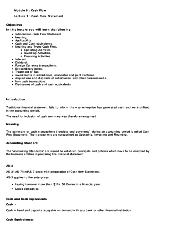 (PDF) Module 6 : Cash Flow Lecture 1 : Cash Flow Statement