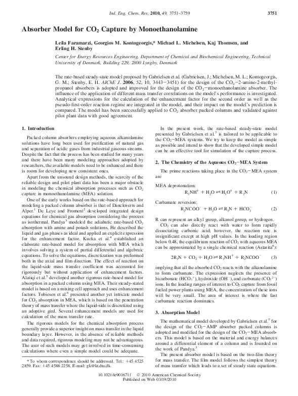 (PDF) Absorber Model for CO 2 Capture by Monoethanolamine